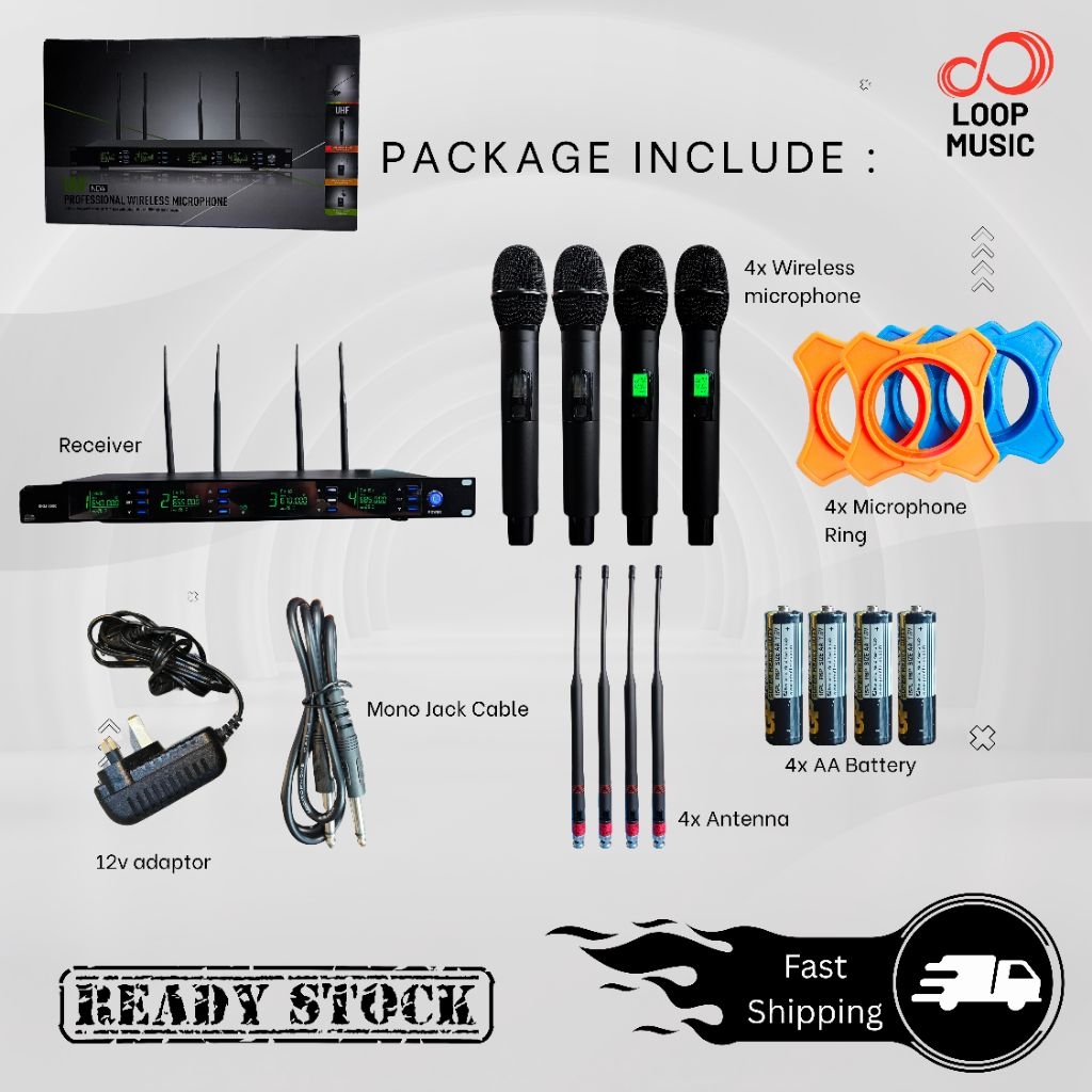 SKM6000 UHF Professional Wireless Microphone System 4 Mics + Receiver ...