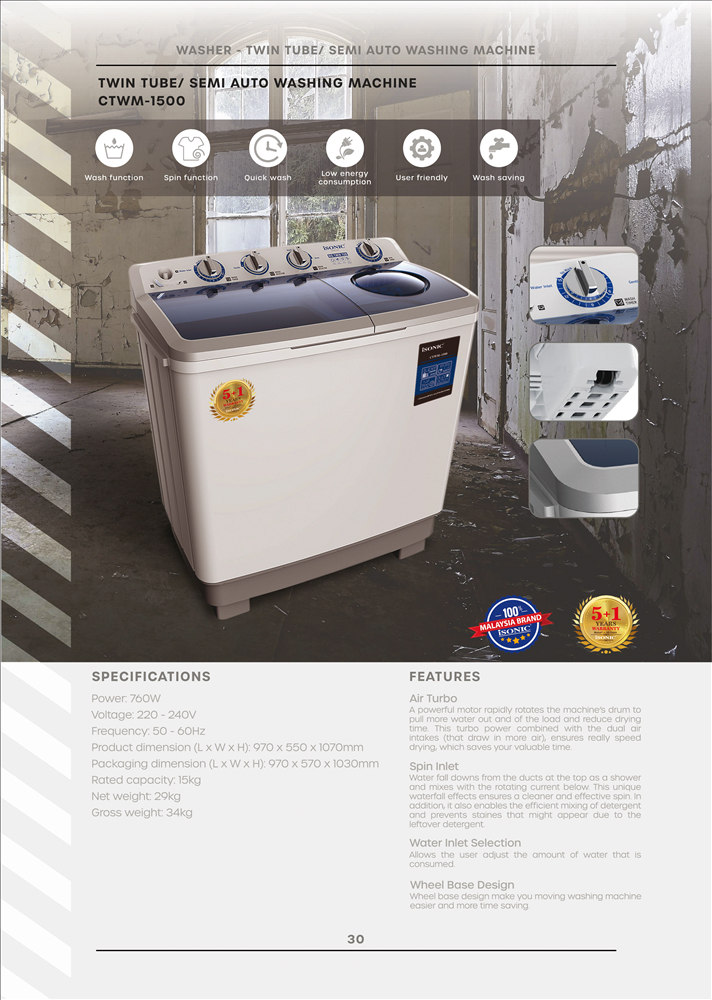 Isonic Semi Auto Washing Machine 8KG 12KG 15KG CTWMS850 CTWMS1200 ...