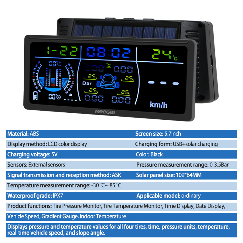 MEEGOO TPMS Tire Pressure Warning Car Monitoring System Solar Car ...