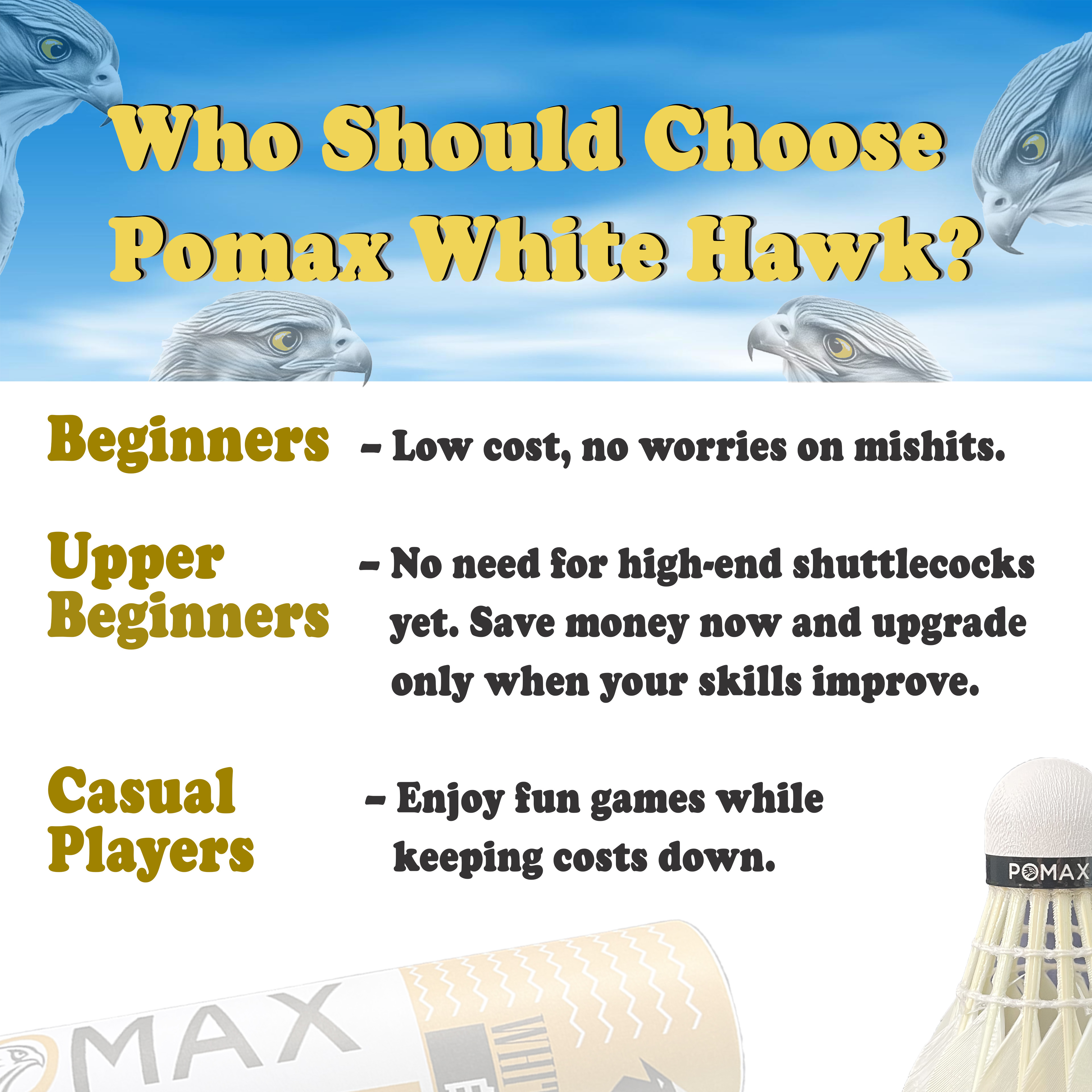 Pomax White Hawk Badminton Shuttlecock (Black Feather Washed White ...