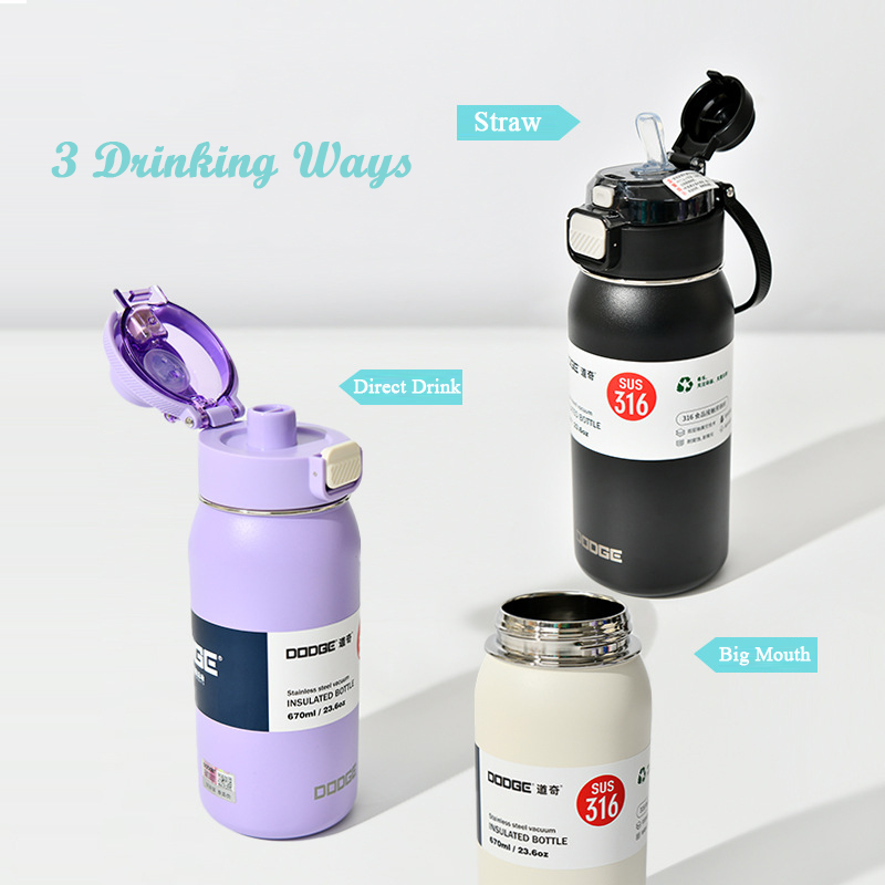 Dodge 520ml/670ml/900ml Leisure Sport Dual Head 316SS Stainless Steel Vacuum Flask Thermos ...