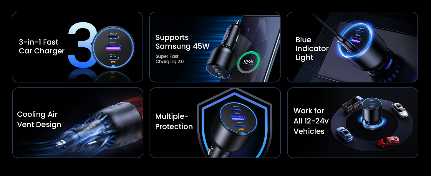 UGREEN 130W Car Charger 3 Ports PD 100W 30W SCP 22.5W Fast Charge USB-C QC 4.0 iPhone 16 Pro ...