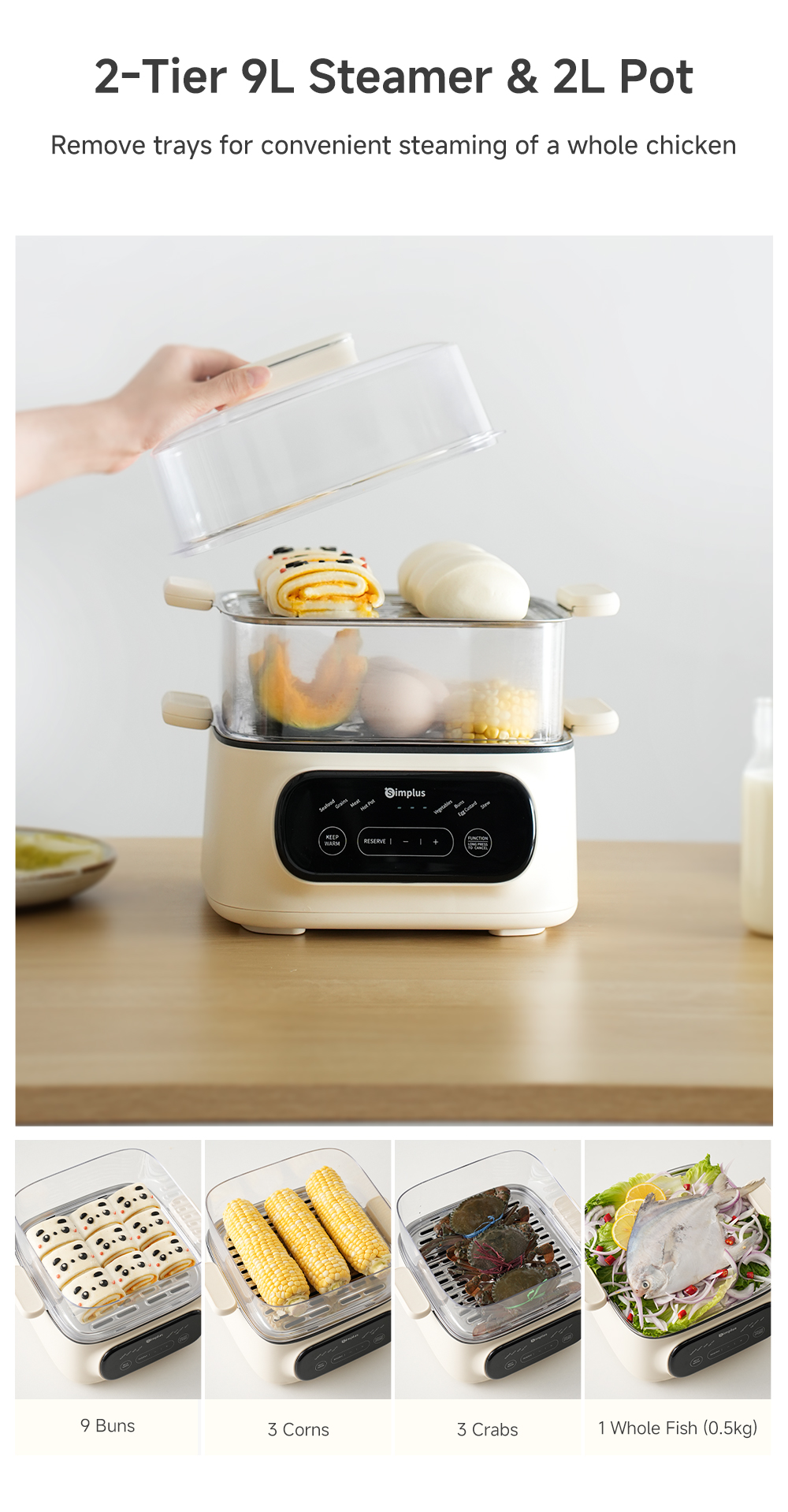 Simplus Electric Food Steamer | 2-Tier 11L Capacity |2-in-1 Steam and ...