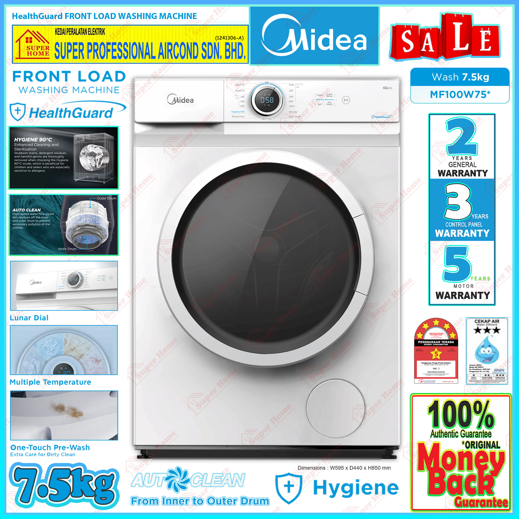 Midea Washer Machine MF100W75 7.5kg Front Load Washer Machine | Shopee ...