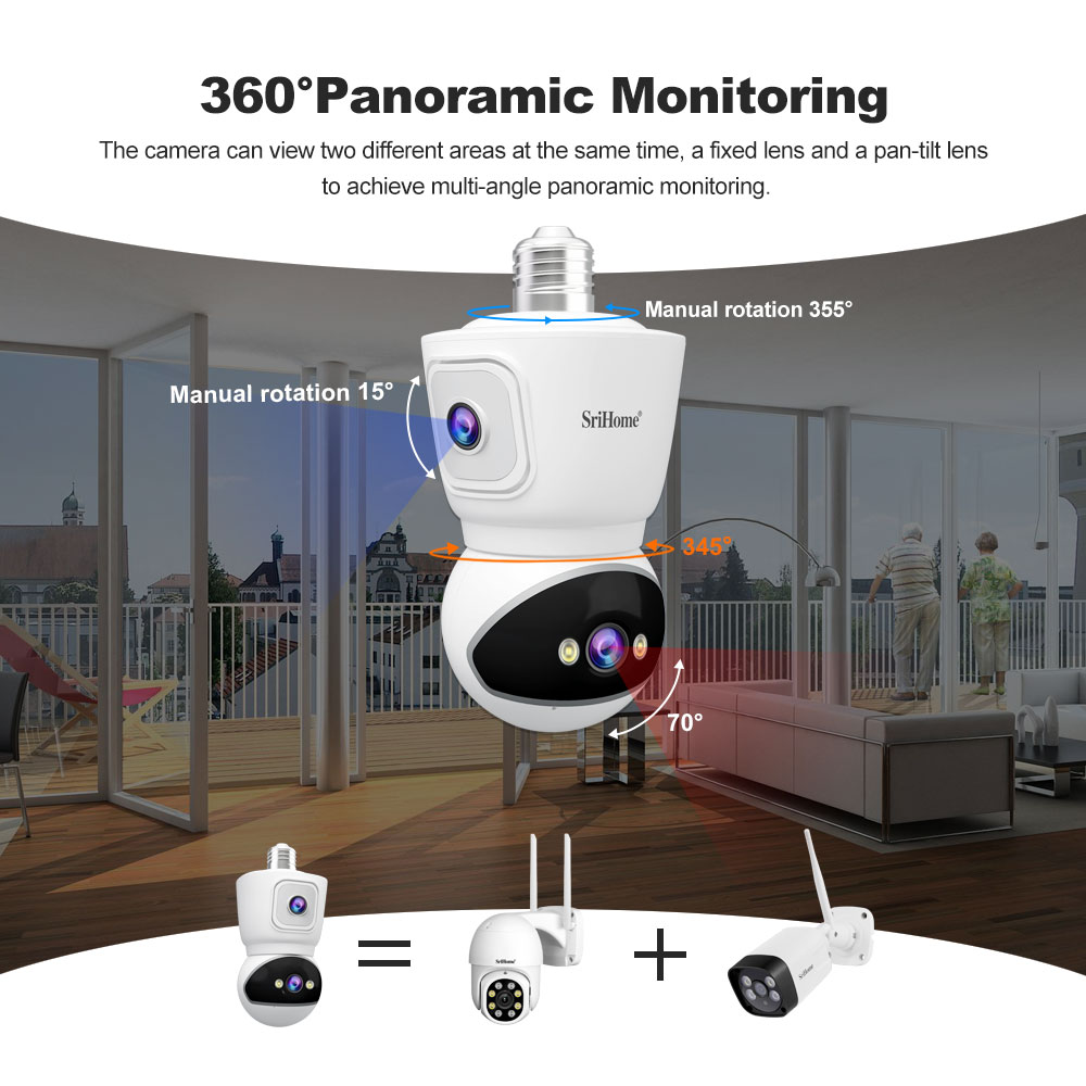 SriHome SH067 Bulb Dual Lens Wifi Camera CCTV 1080P FHD 360° Panoramic ...