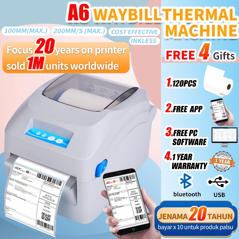 Pony A6 Thermal Printer Bluetooth Waybill Barcode Shipping Label ...