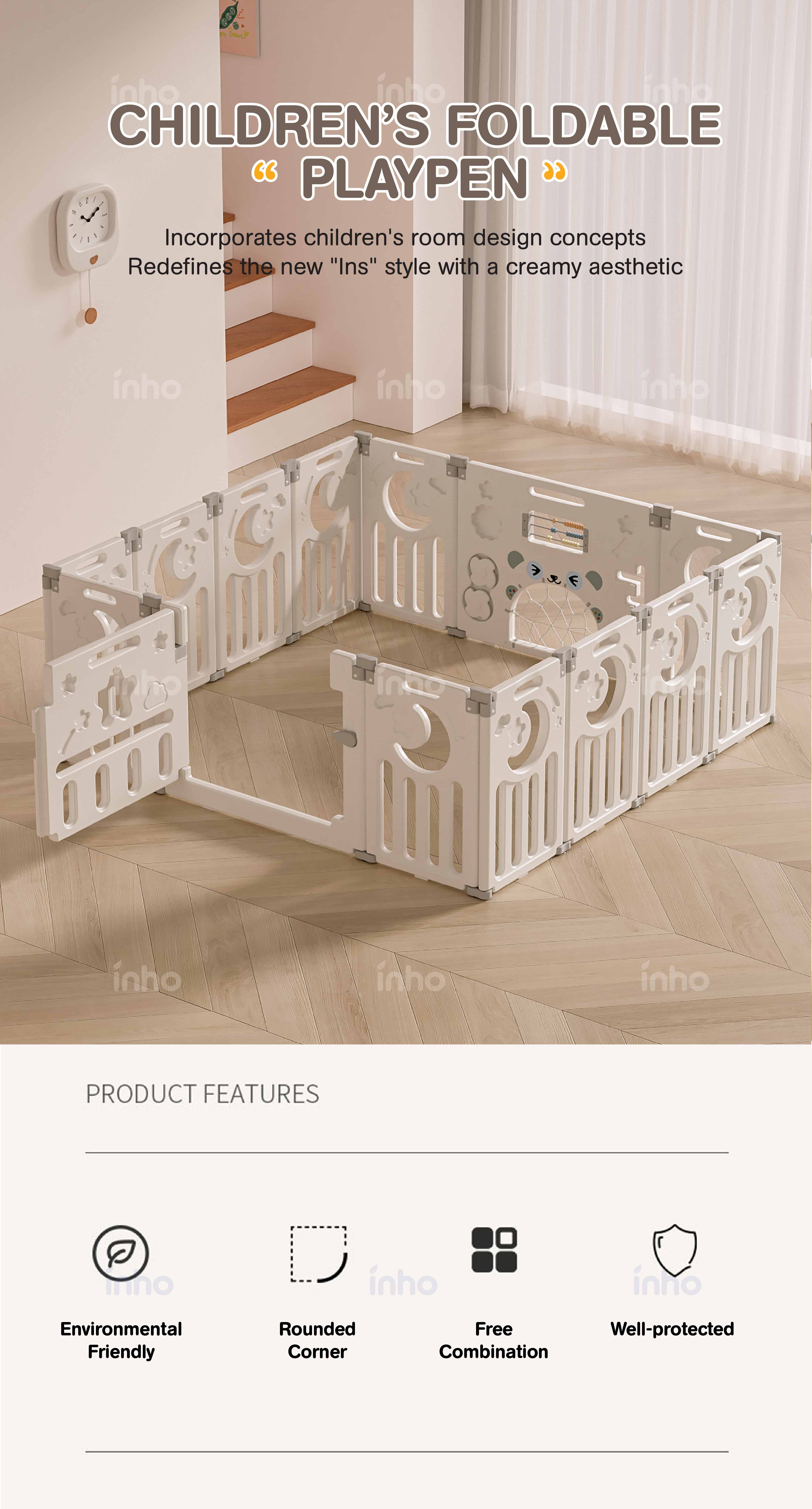 INHO Foldable Kids Gaming Fence Safety Baby Playpen Fence Kids Game ...