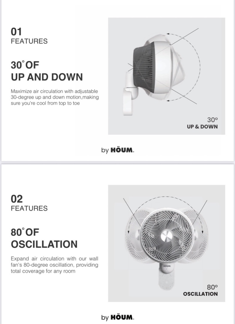 [NEW2024] HOUM C12W Air Circulator Wall Fan 12" 6 Speed Strong Wind Auto Up and Down Oscillation ...