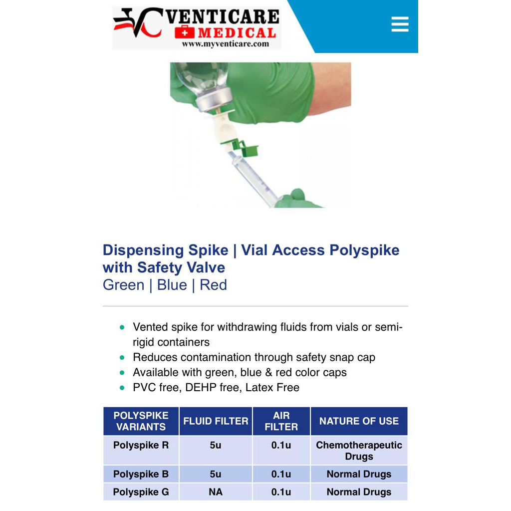 DISPENSING SPIKE/VIAL ACCESS POLYSPIKE WITH SAFETY VALVE - 1PC | Shopee ...