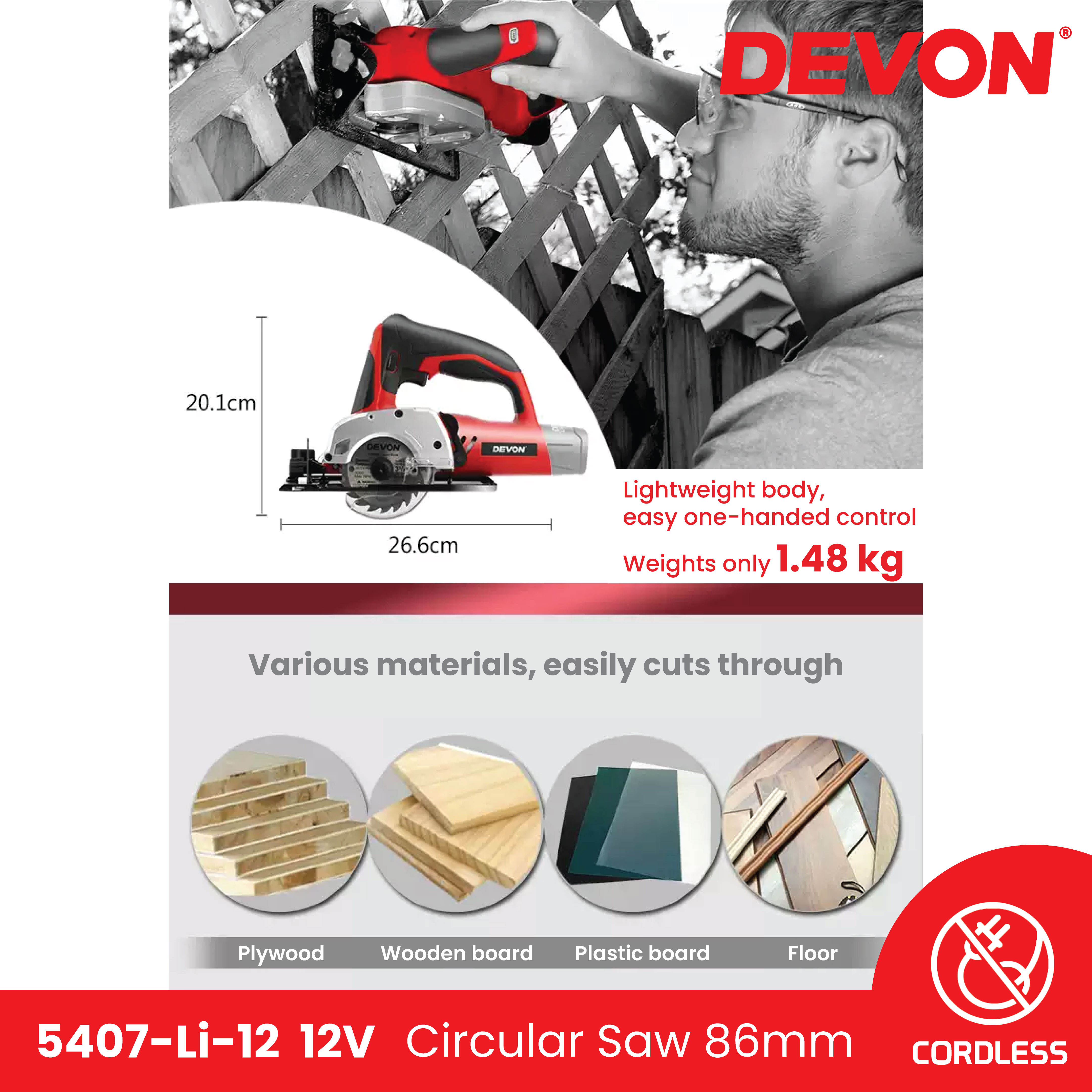 DEVON 5407-Li-12 12V Lithium-Ion Cordless Circular Saw 86mm 2400rpm ...