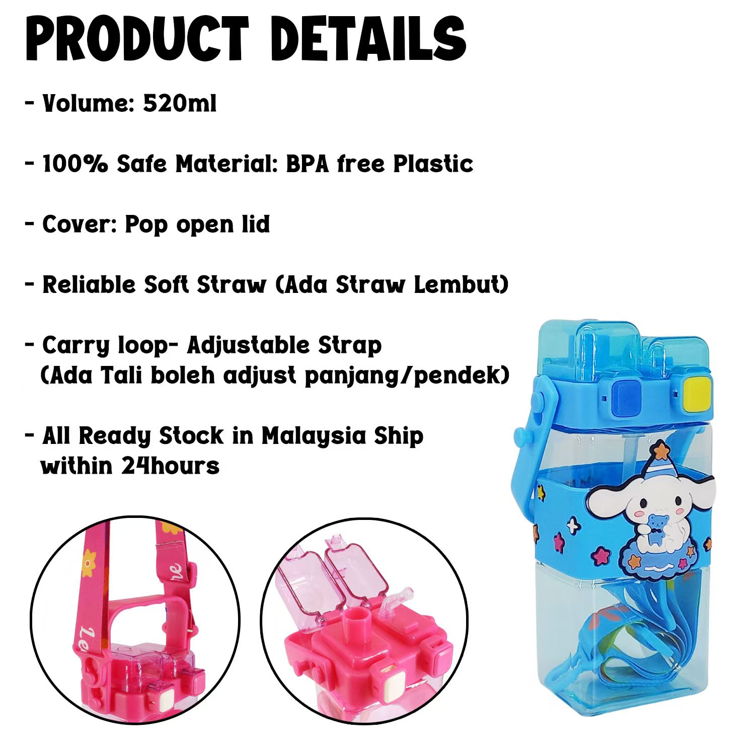 520ml Bottle Kids Water Straw Drinking Bottle BPA Free (BGJAYA ...