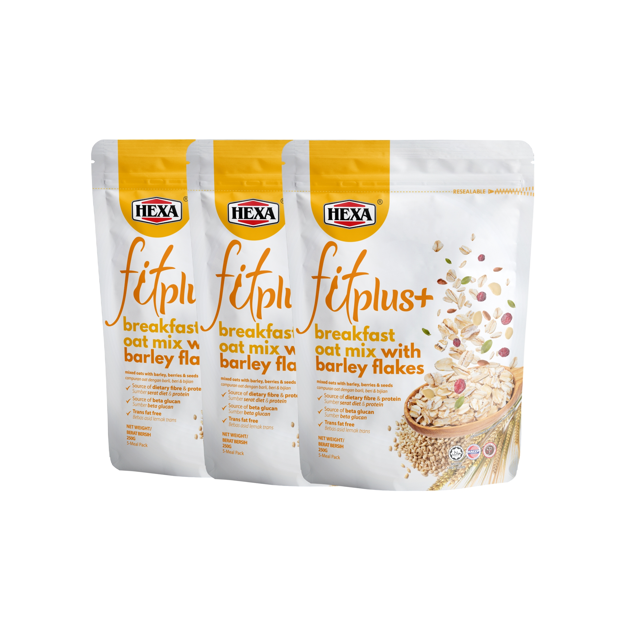 HEXA FitPlus High Fiber Breakfast Oats with Barley 250g × 3 Packs ...