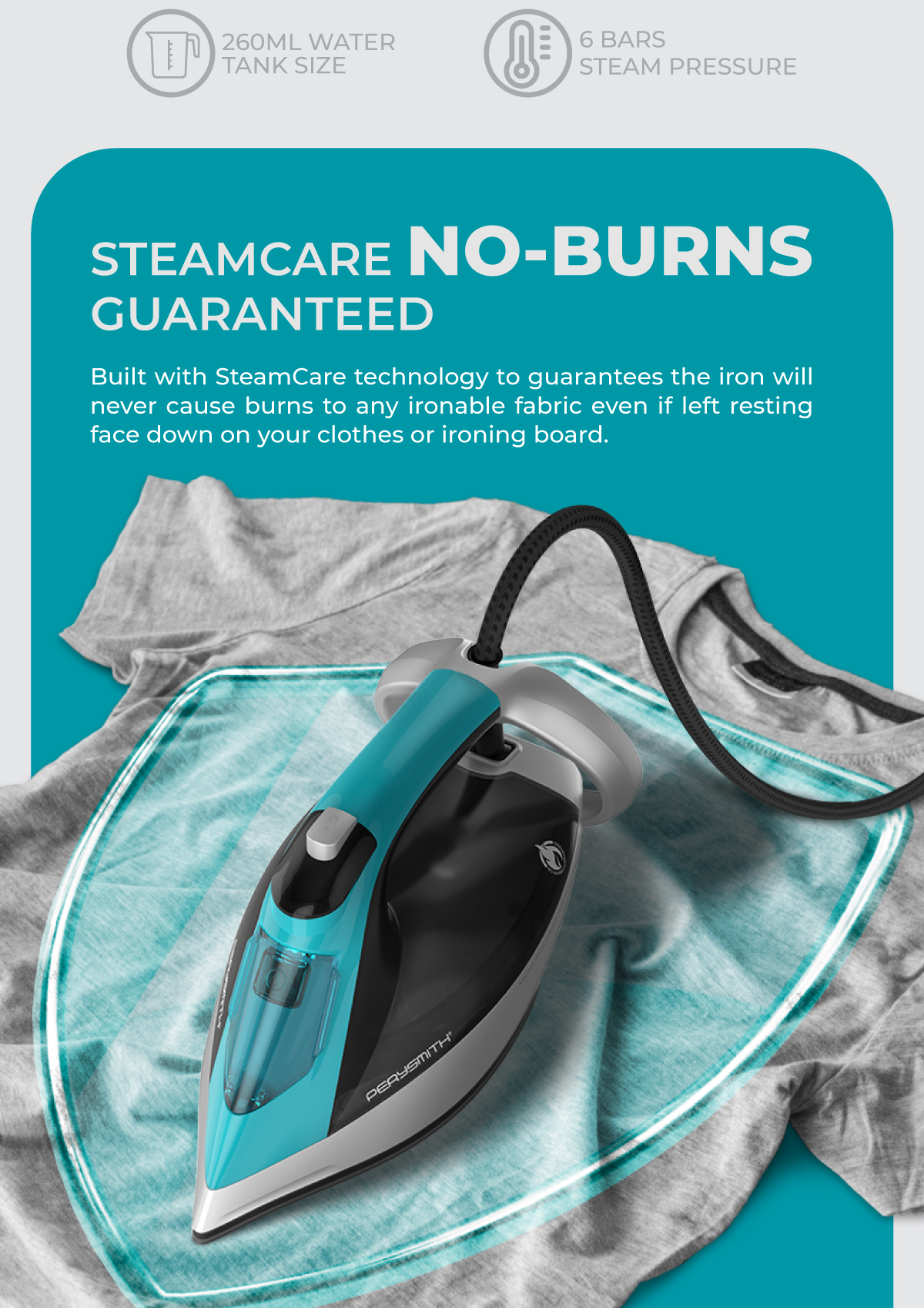PerySmith E200 Max Anti Burns Guaranteed Steam Iron Steamcare Series ...