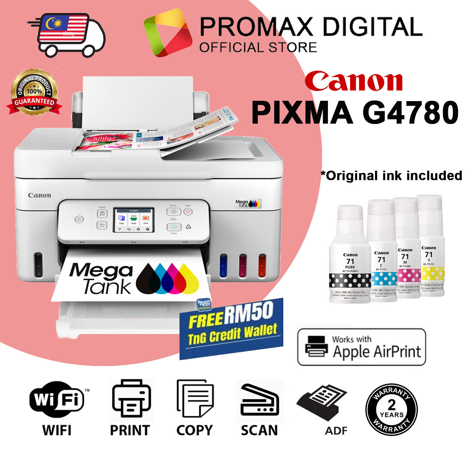 Canon PIXMA G4780 MegaTank Wireless All-In-One Printer Print / Scan ...