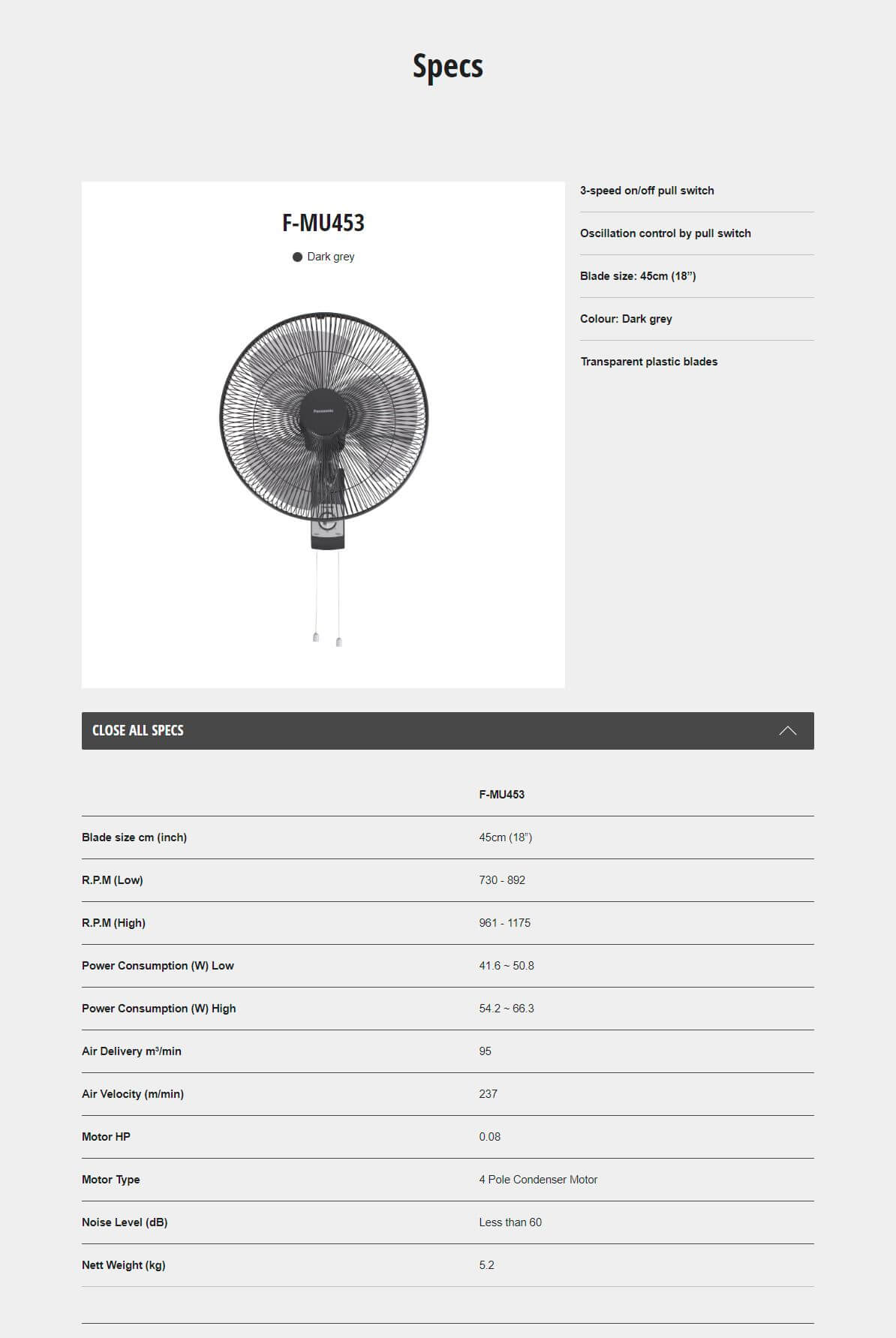 Panasonic F-MU453 Wall Fan 18" Dark Grey | Shopee Malaysia