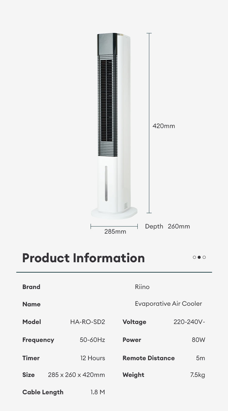 Riino Evaporative Air Cooler Portable Slim Tower Remote Control LED ...