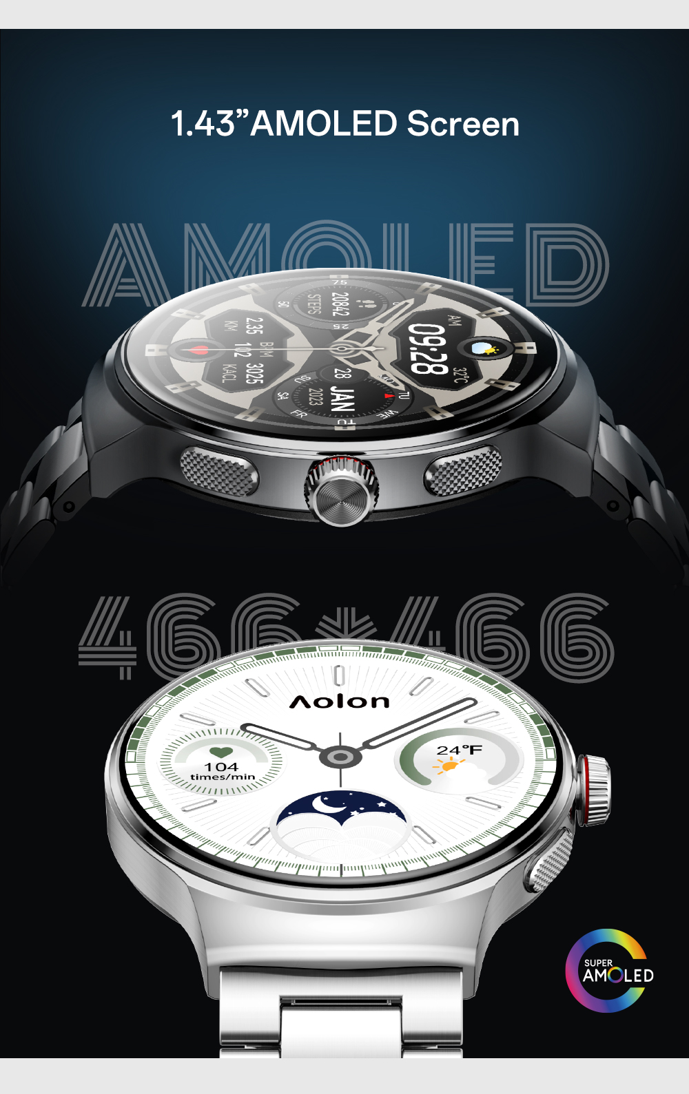 Aolon Prime 3 Smart Watch 1.43‘’ AMOLED Screen Metal Case 24H Health ...