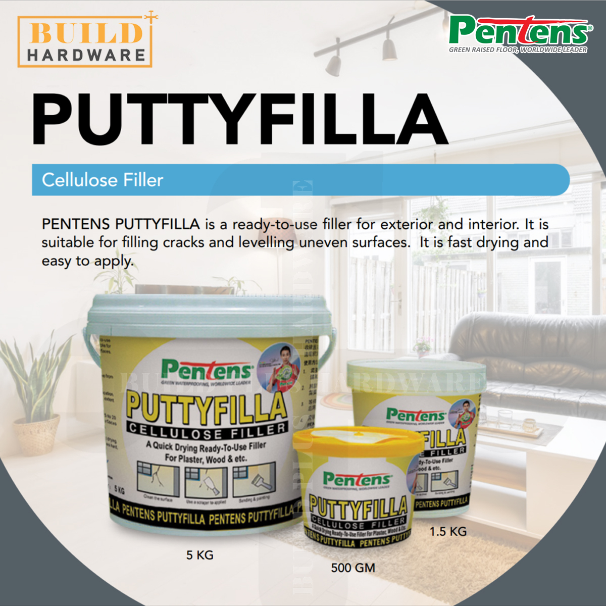 PENTENS PUTTYFILLA Cellulose Filler 0.5kg/1.5kg/5kg Putty Filla Level ...