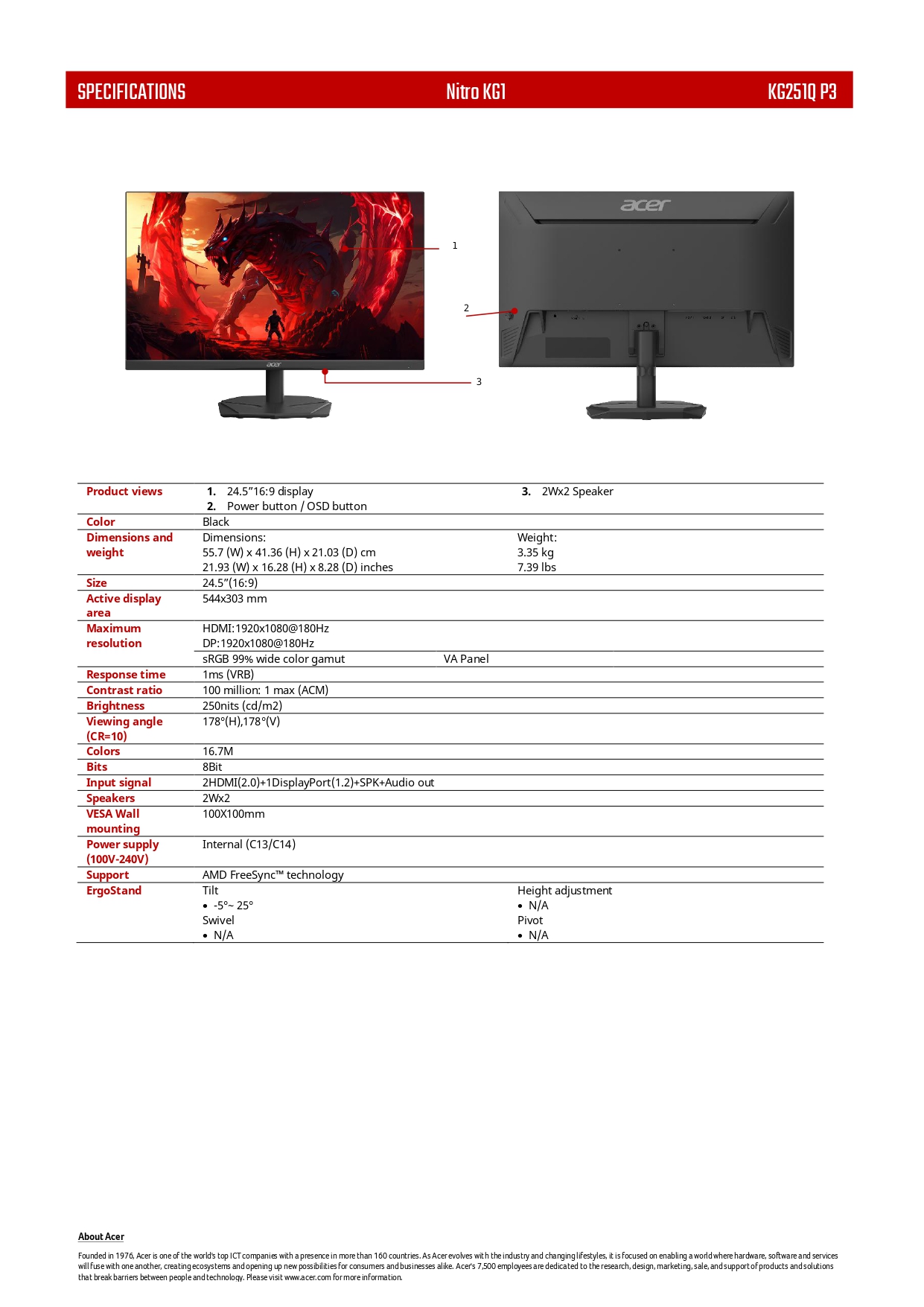 ACER NITRO KG251Q P3 24.5" GAMING MONITOR (24.5" VA FHD / 0.5MS / 180HZ ...