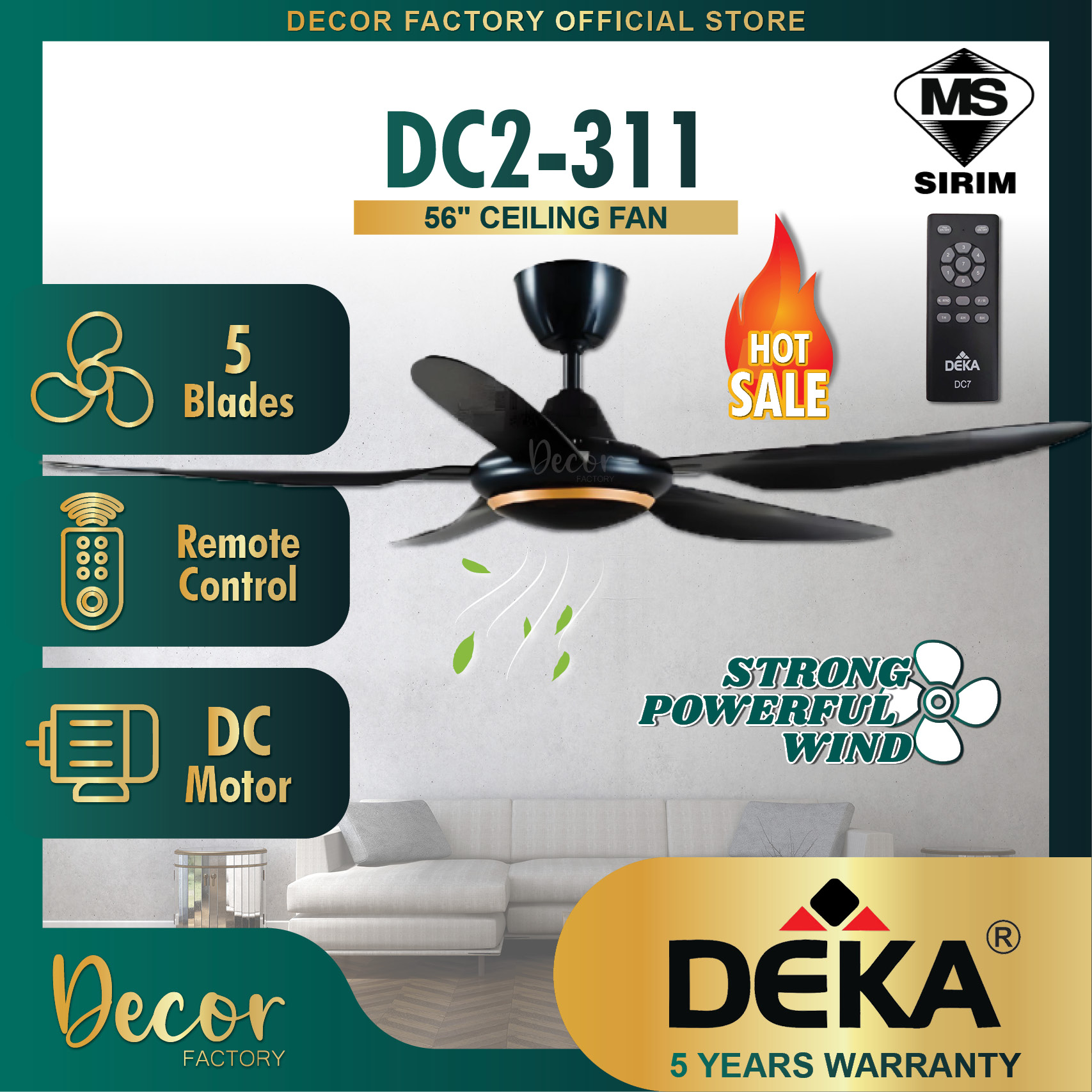 DEKA Fan DEKA DC2-311 F5DC PRO FANZO TURBO 56" 5 Blades DC Motor with ...