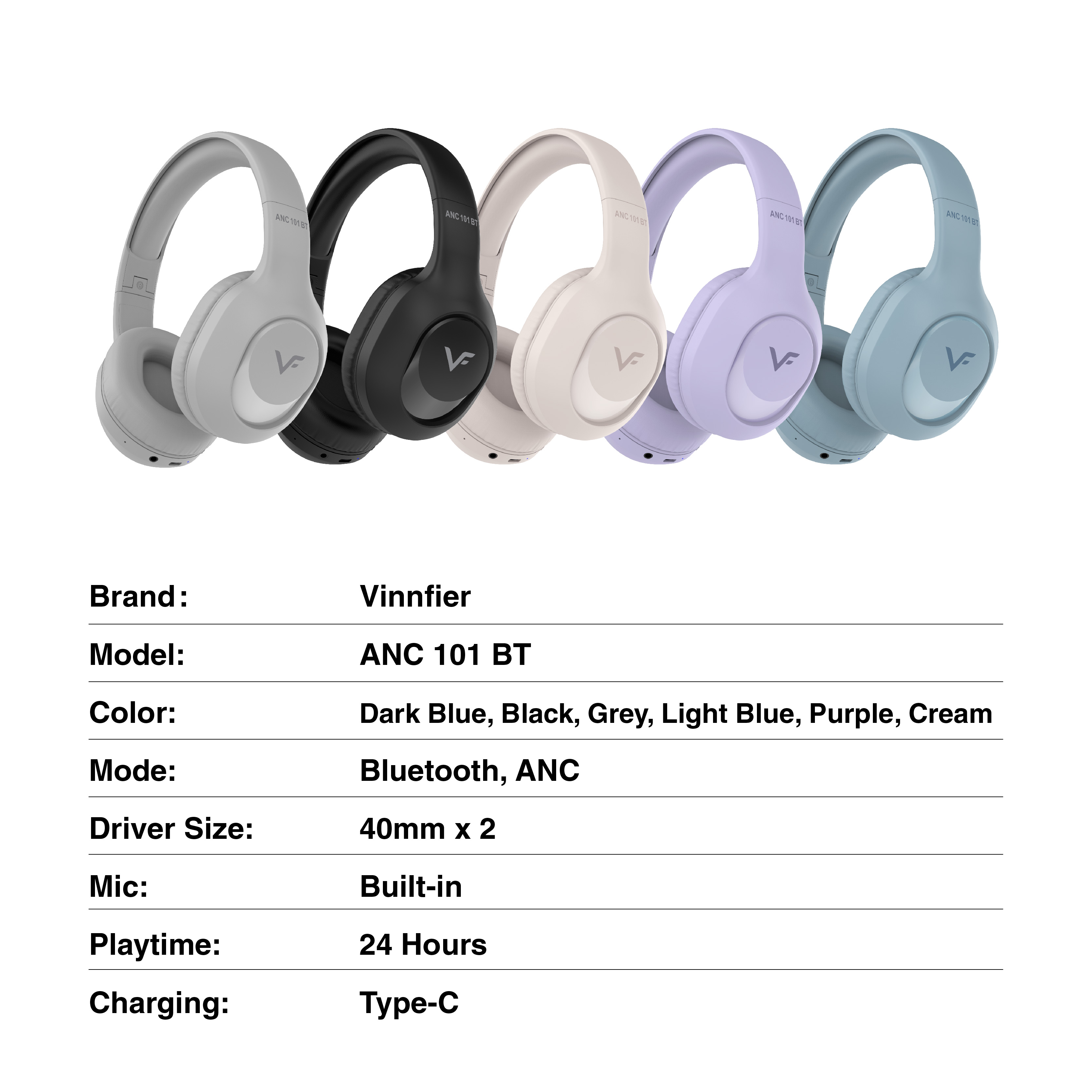 Vinnfier VF ANC101 BT High Performance Bluetooth Headphone Deep Bass ...