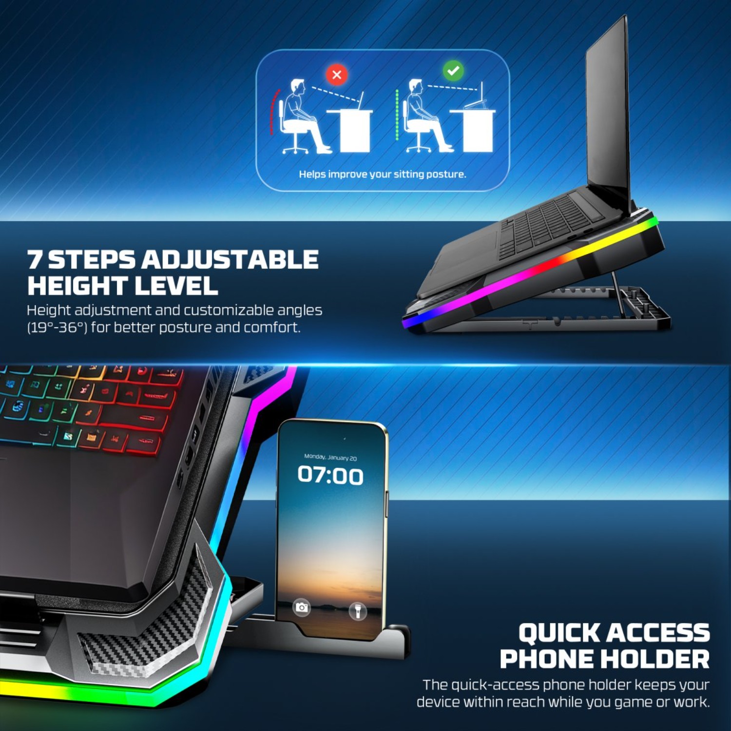 FANTECH NC22 Gaming RGB Laptop Cooler Mute Adjustable Notebook Cooling ...