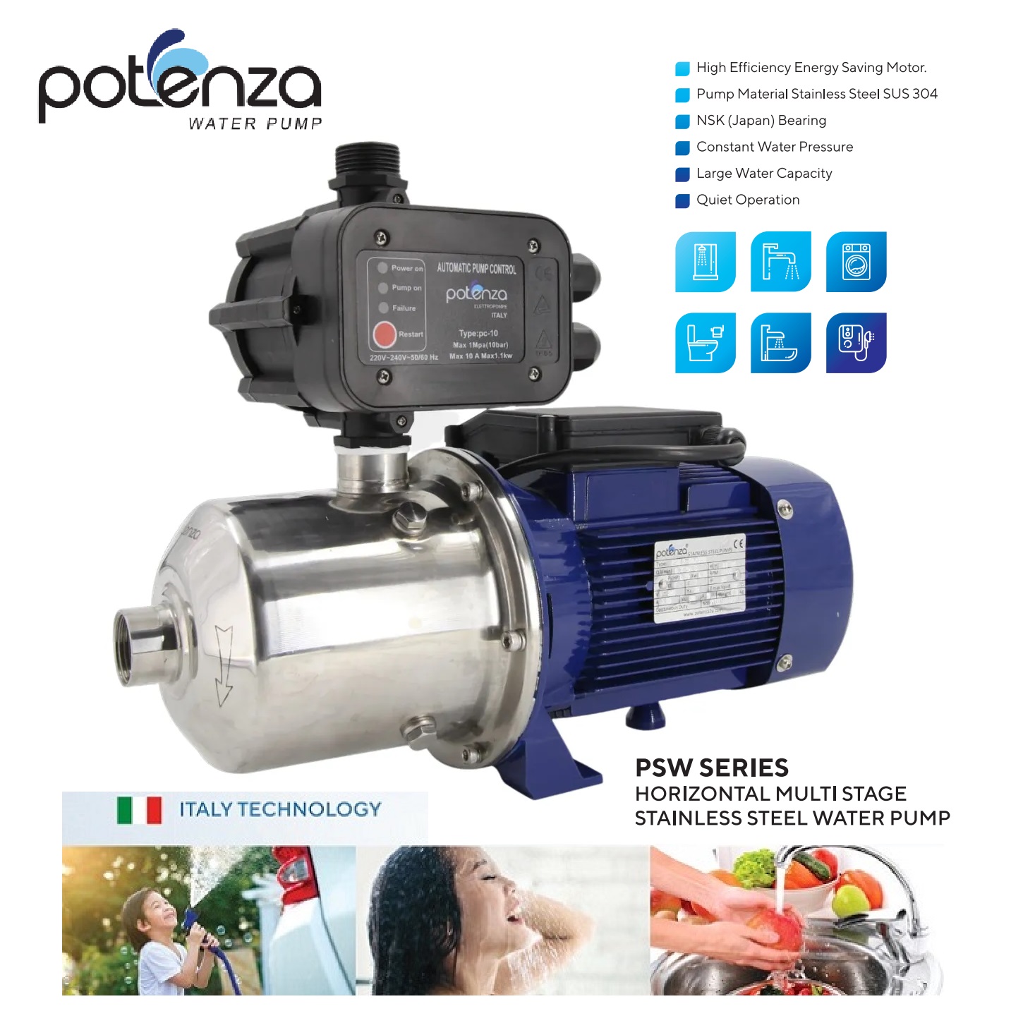 Potenza PSW 550W / 0.75Hp PC-Auto Multi-Stage S/Steel Booster Pump ...