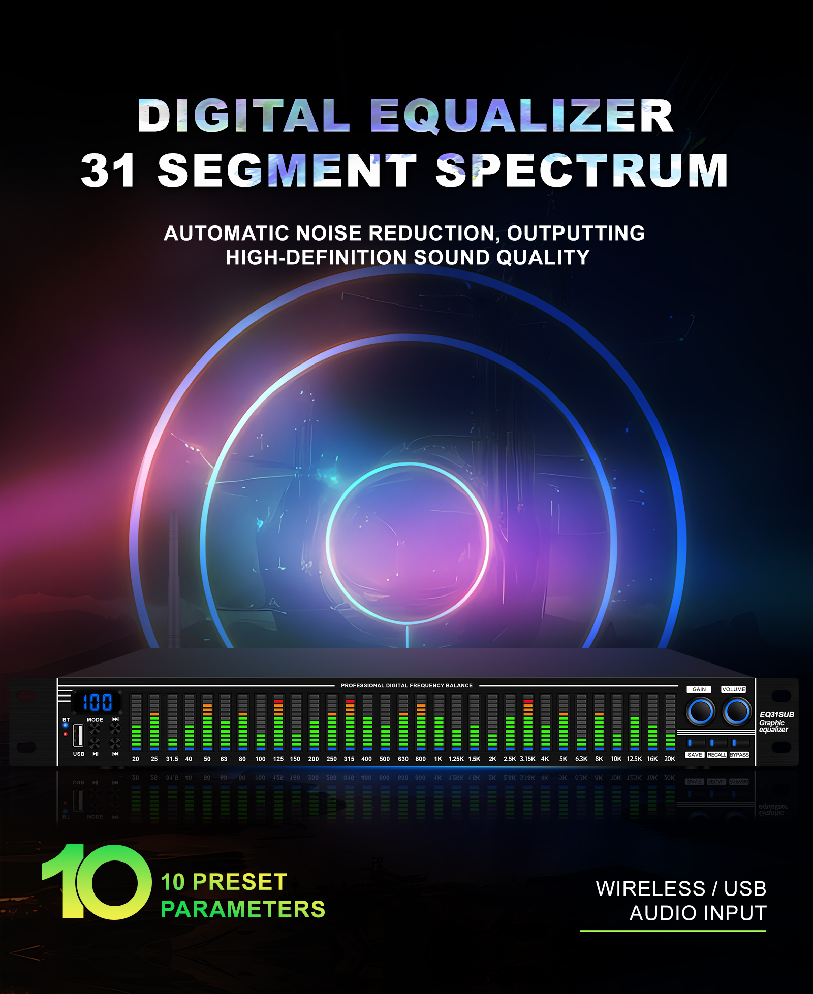 Dual Channel Graphic Equalizer Led Digital Audio Sound Processor Sound ...