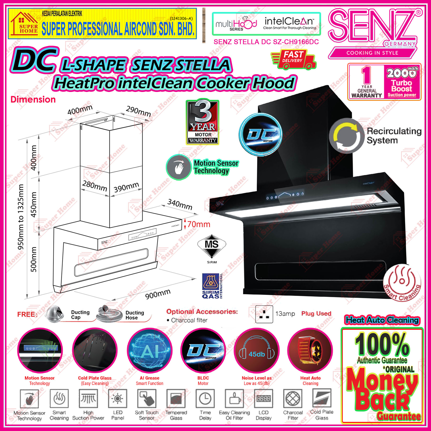SENZ L-Shape Cooker Hood STELLA DC SZ-CH9166DC ((L Shape Design Heat ...