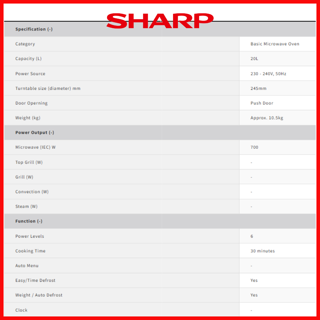 Sharp 20L 700W, Mechanical Basic Microwaves R211MBK / R219EK NEW-SB ...