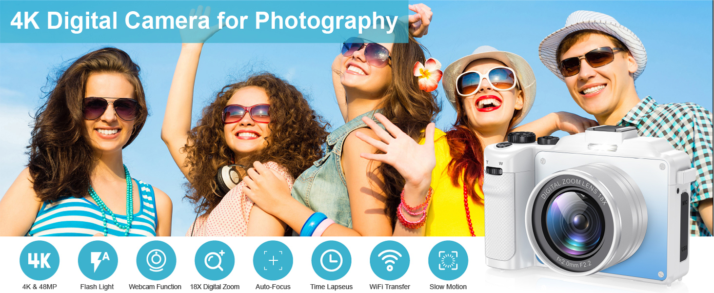 KiTBEEZ💡 4K WiFi Digital Camera 64MP 18X Zoom 3.0″ Screen HD Shooting ...