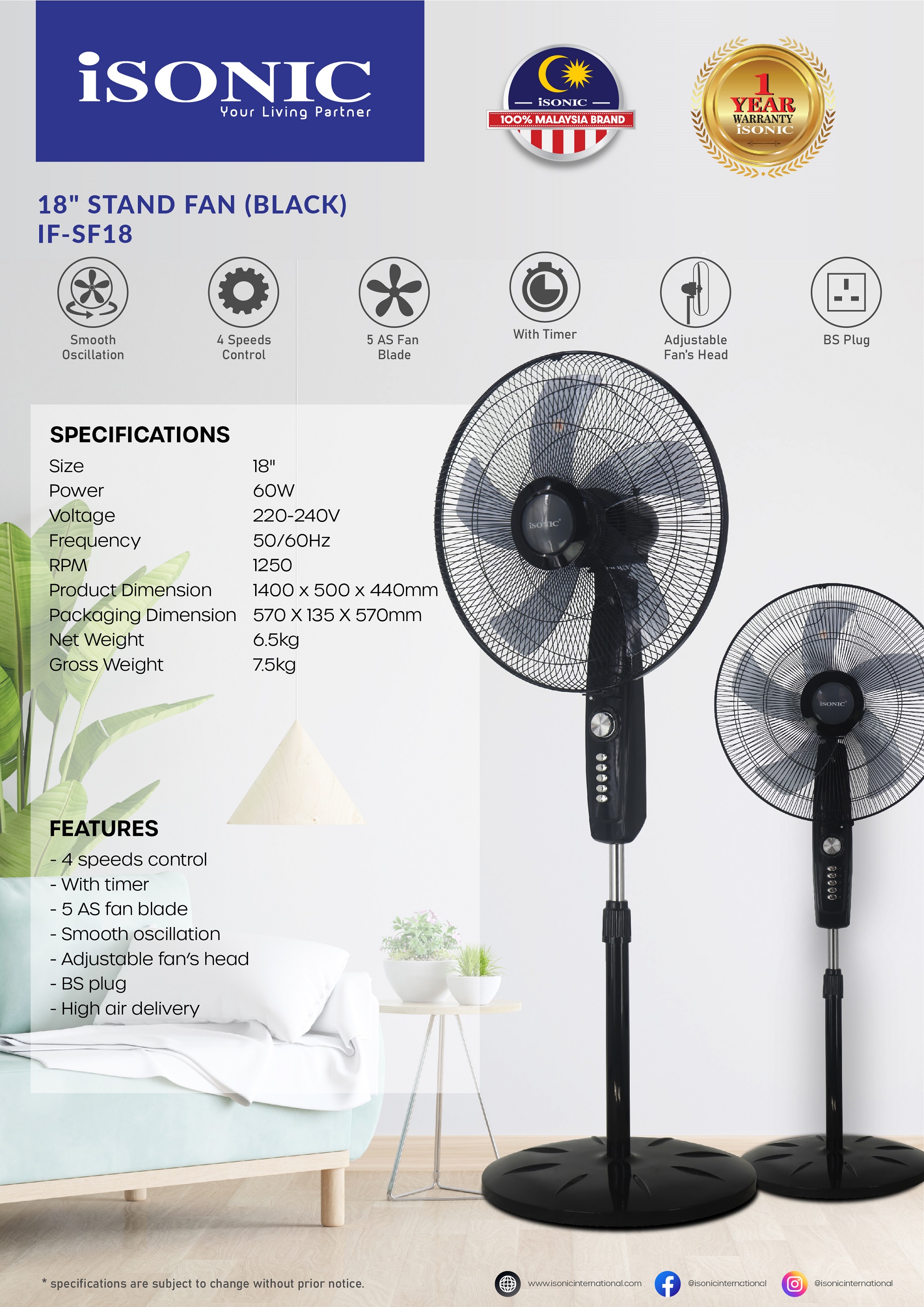Isonic Stand Fan - Black & White (18") IF-SF18 | Shopee Malaysia