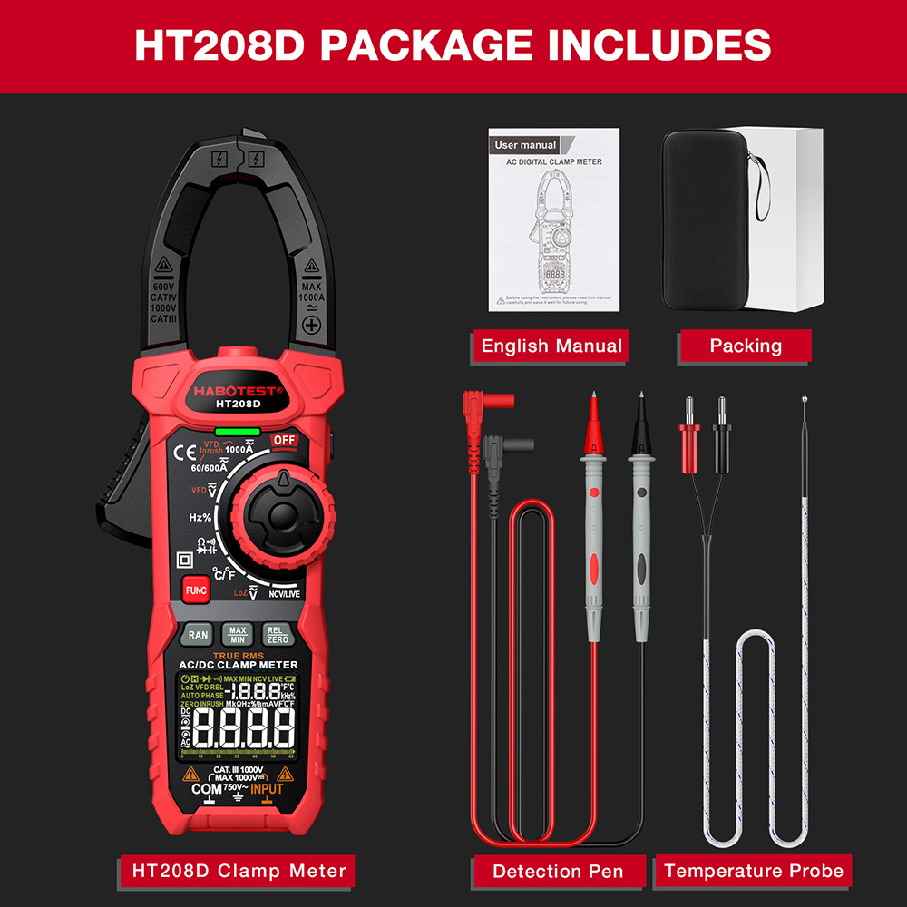 HABOTEST📢HT208A/D AC/DC Digital Clamp Multimeter Pinza Amperemetric ...