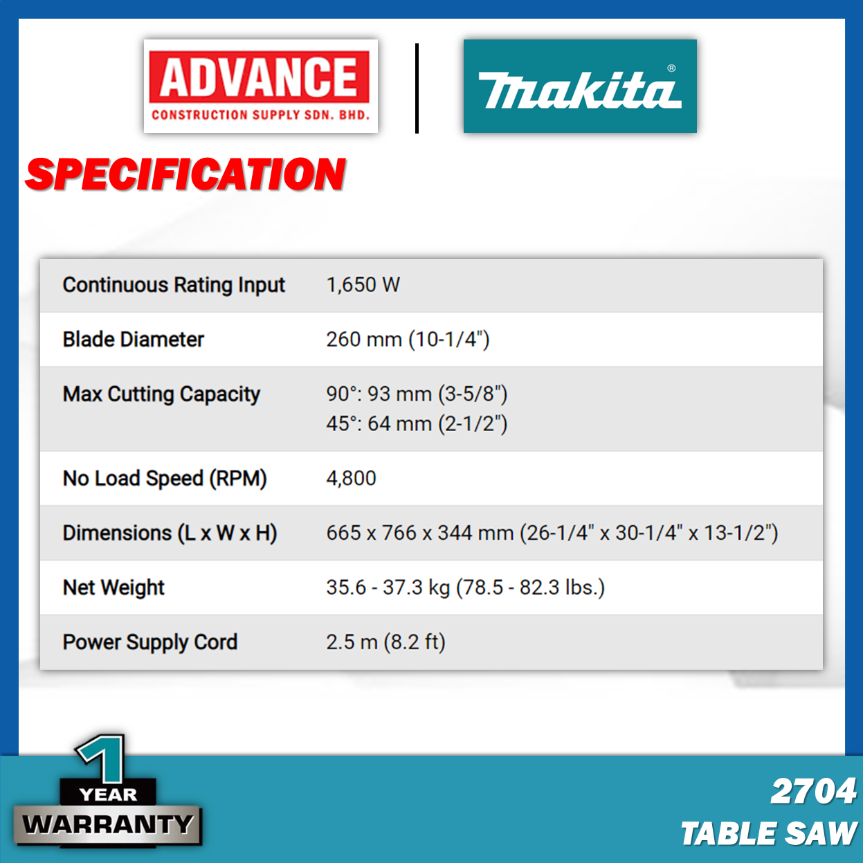 MAKITA 2704 Table Saw 260MM (10-1/4") | Shopee Malaysia