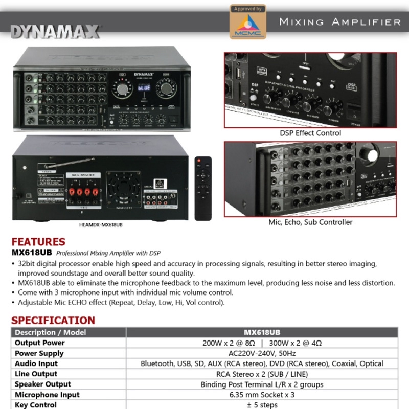 DYNAMAX MX618UB 200W Mixing Karaoke Amplifier with DSP, Bluetooth, USB ...