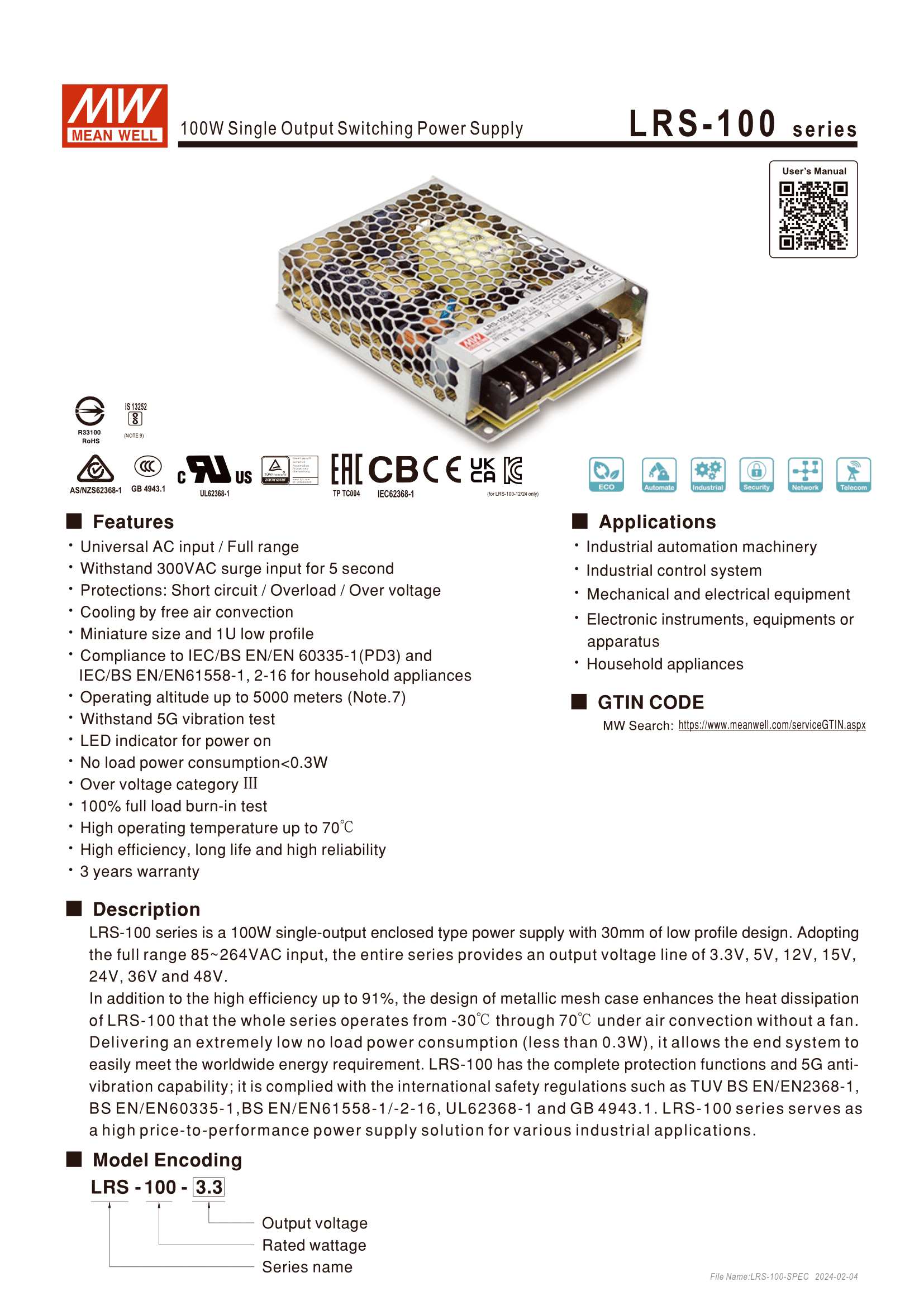 Mean Well LRS-100-5 100W 5V 18A MeanWell Single Output Switching Power ...