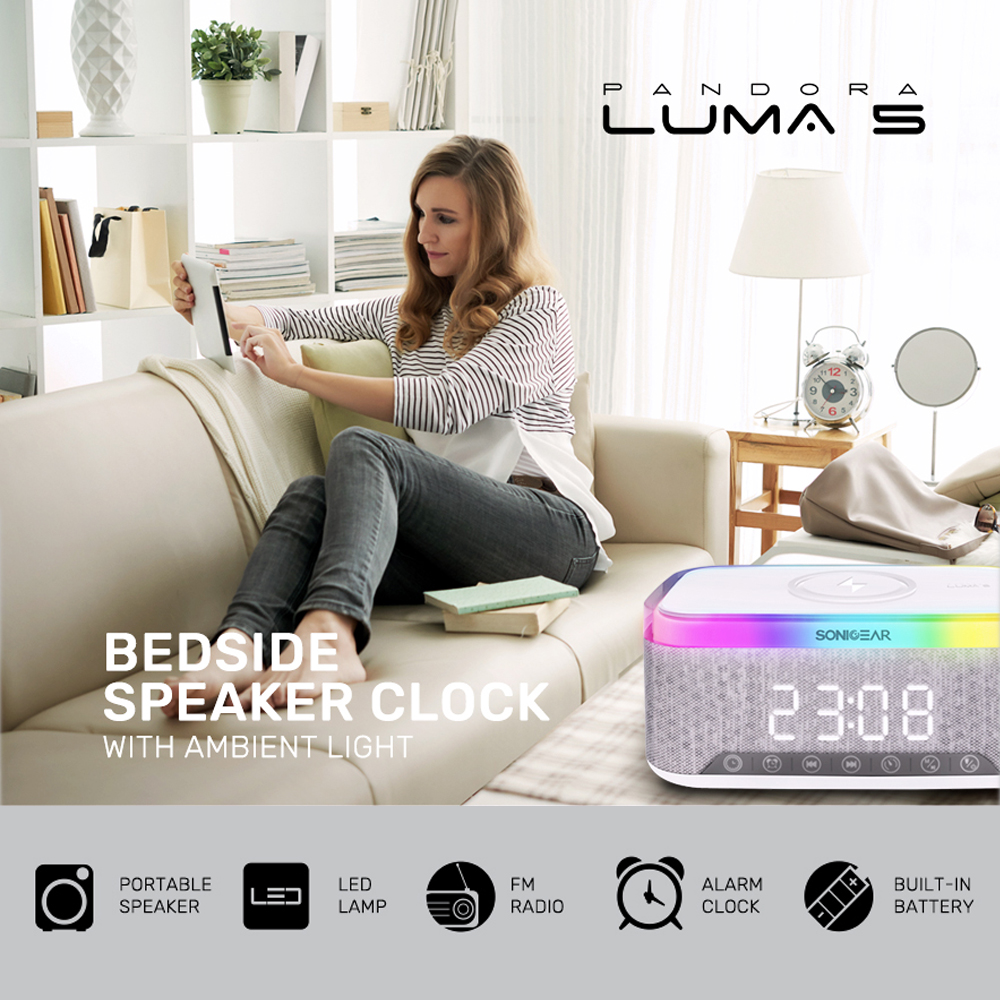 SonicGear Pandora Luma 5 Bluetooth FM Radio Clock Wireless Charging Speaker with Ambient Light ...