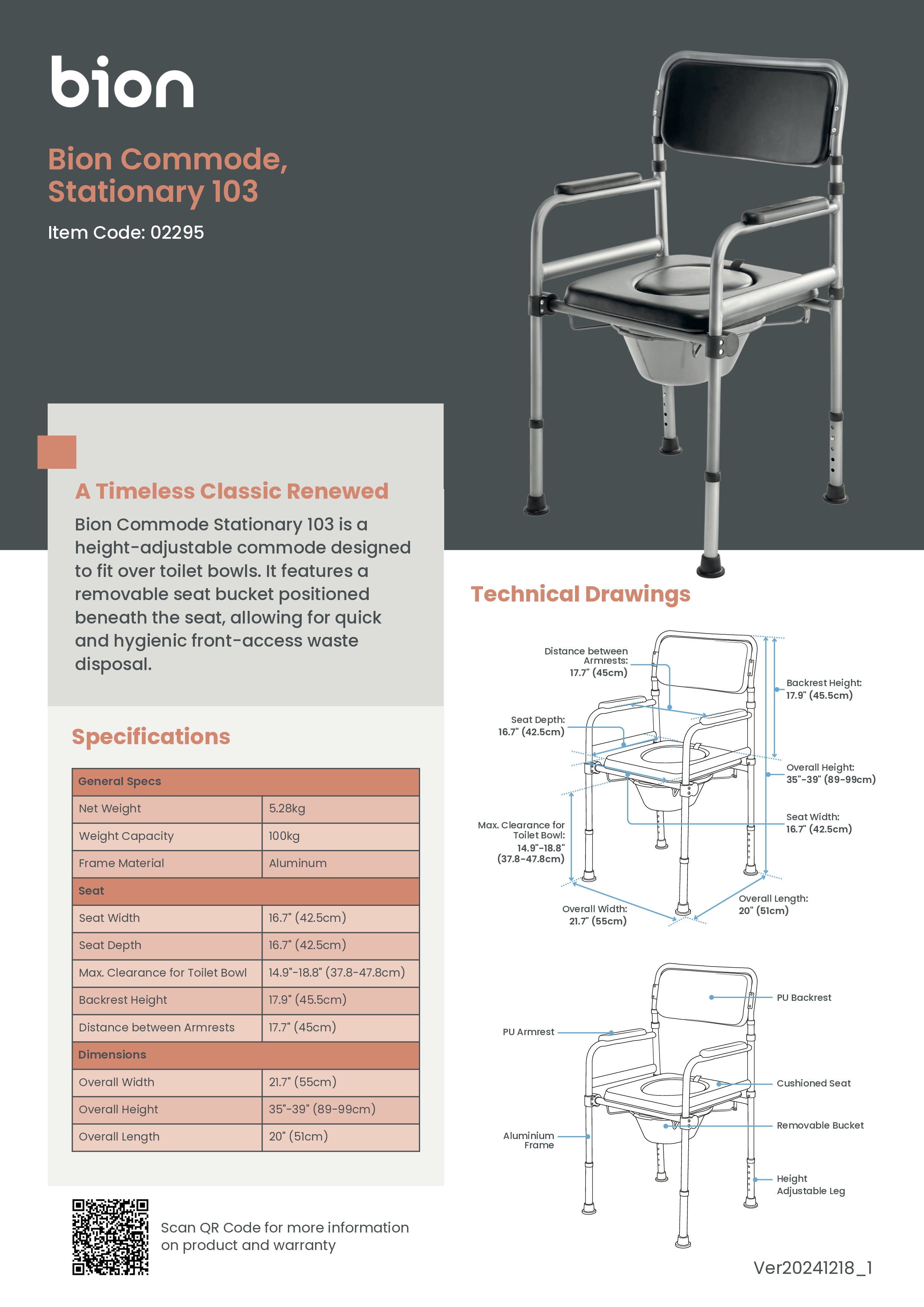 Bion Commode Stationary 103 | Tandas Portable Toilet Armrests Height ...