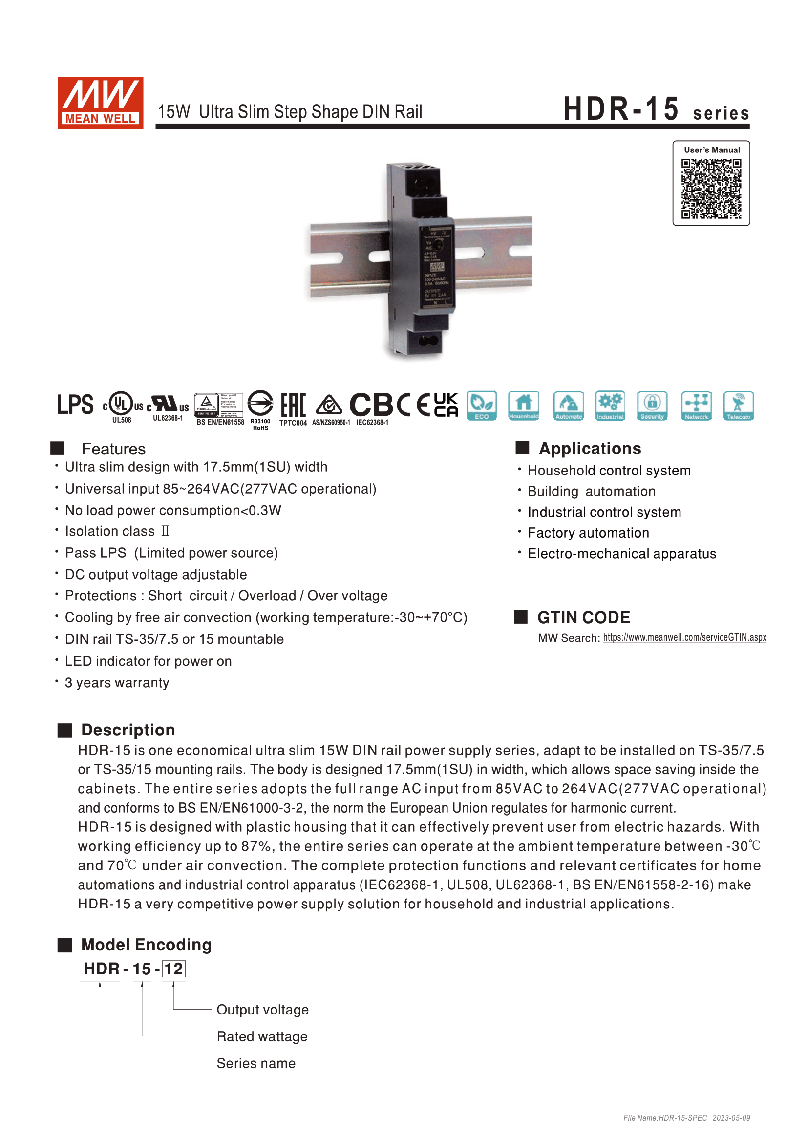 Mean Well HDR-15-24 15W 24V 0.63A MeanWell Single Output Ultra Slim ...