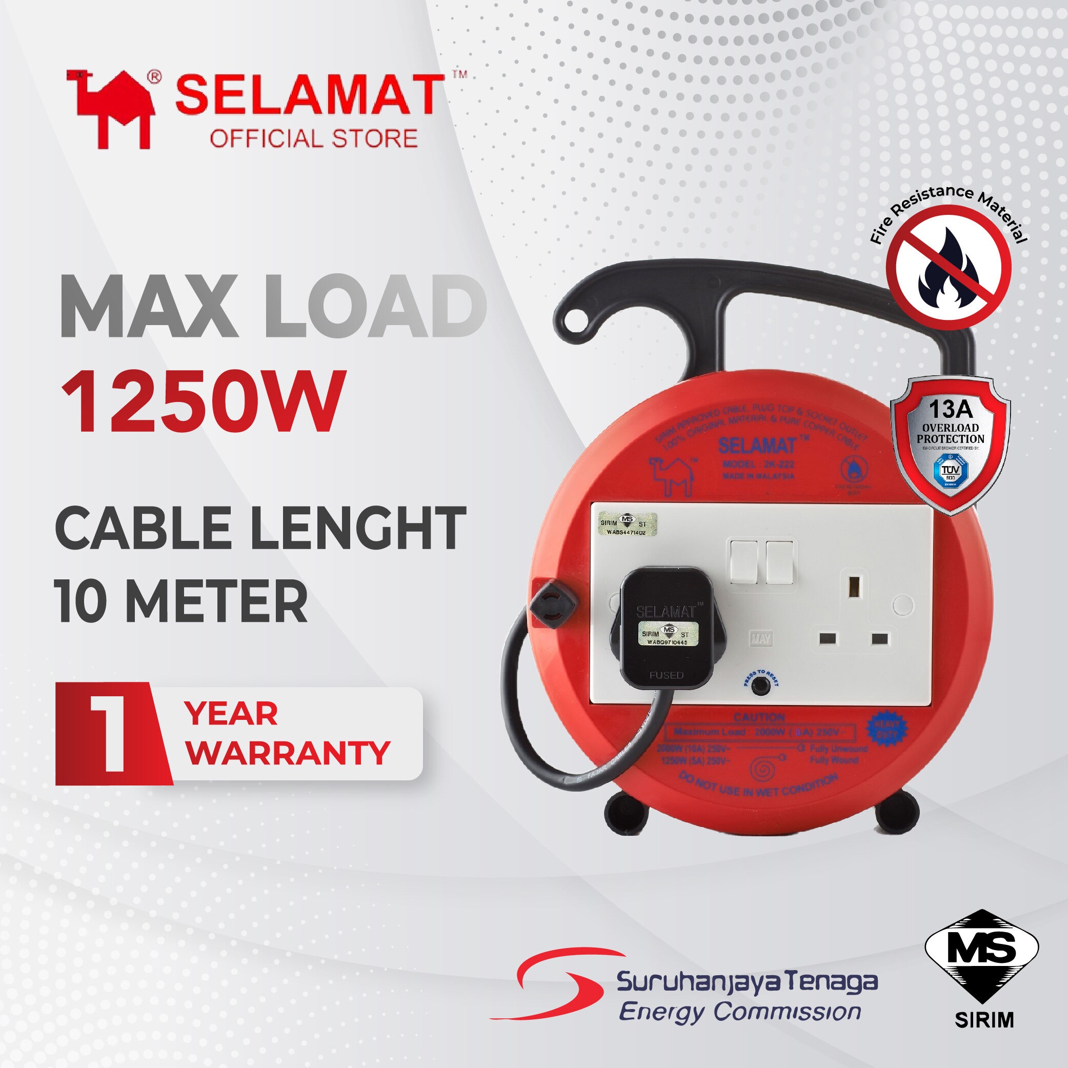Selamat 2K222-ELCB 10mtr Double Socket Cable Reel (Max. Load 1250W ...