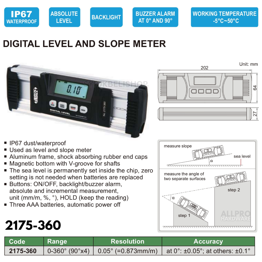 INSIZE Digital Level & Slope Meter IP54 2170-1 / 2175-360 / 2179-360 ...
