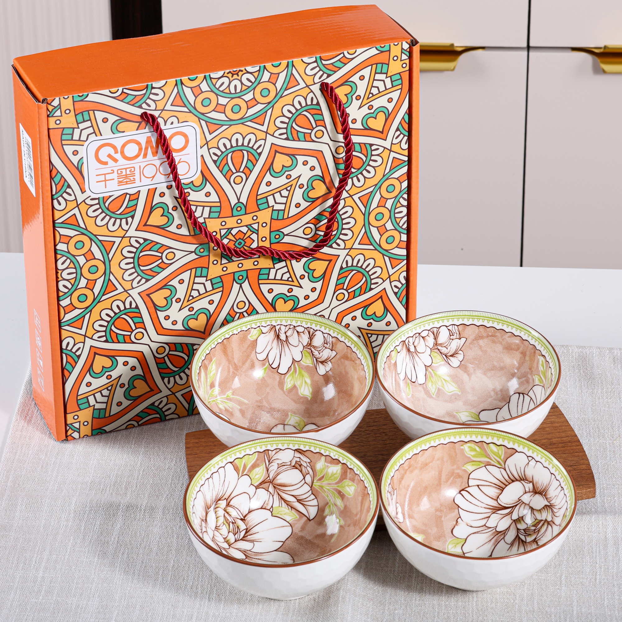 QOMO Bohemian Ceramic Bowl Set Gift with Box Seramik Mangkuk Pinggan ...