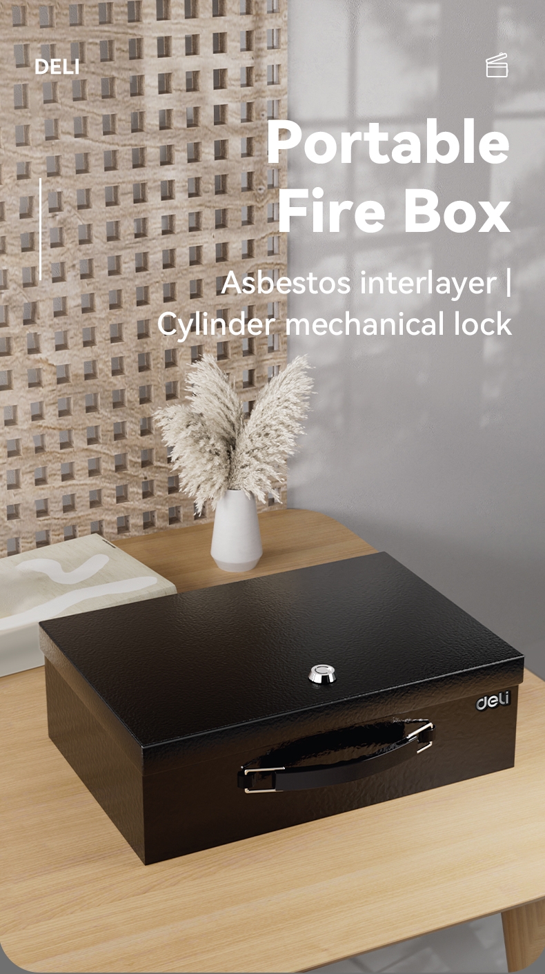 Deli Portable Fireproof Money Cash Box Security Safe Box Key Lock Fire ...