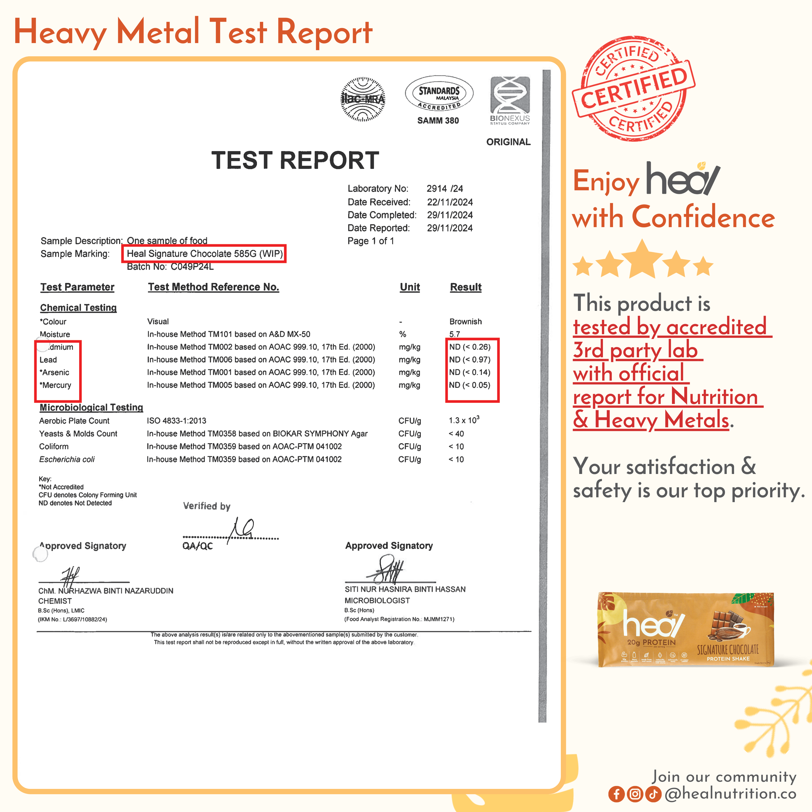 Heal Signature Chocolate Whey Protein Shake Dairy Based Powder (585g - 15 Servings) - HALAL ...