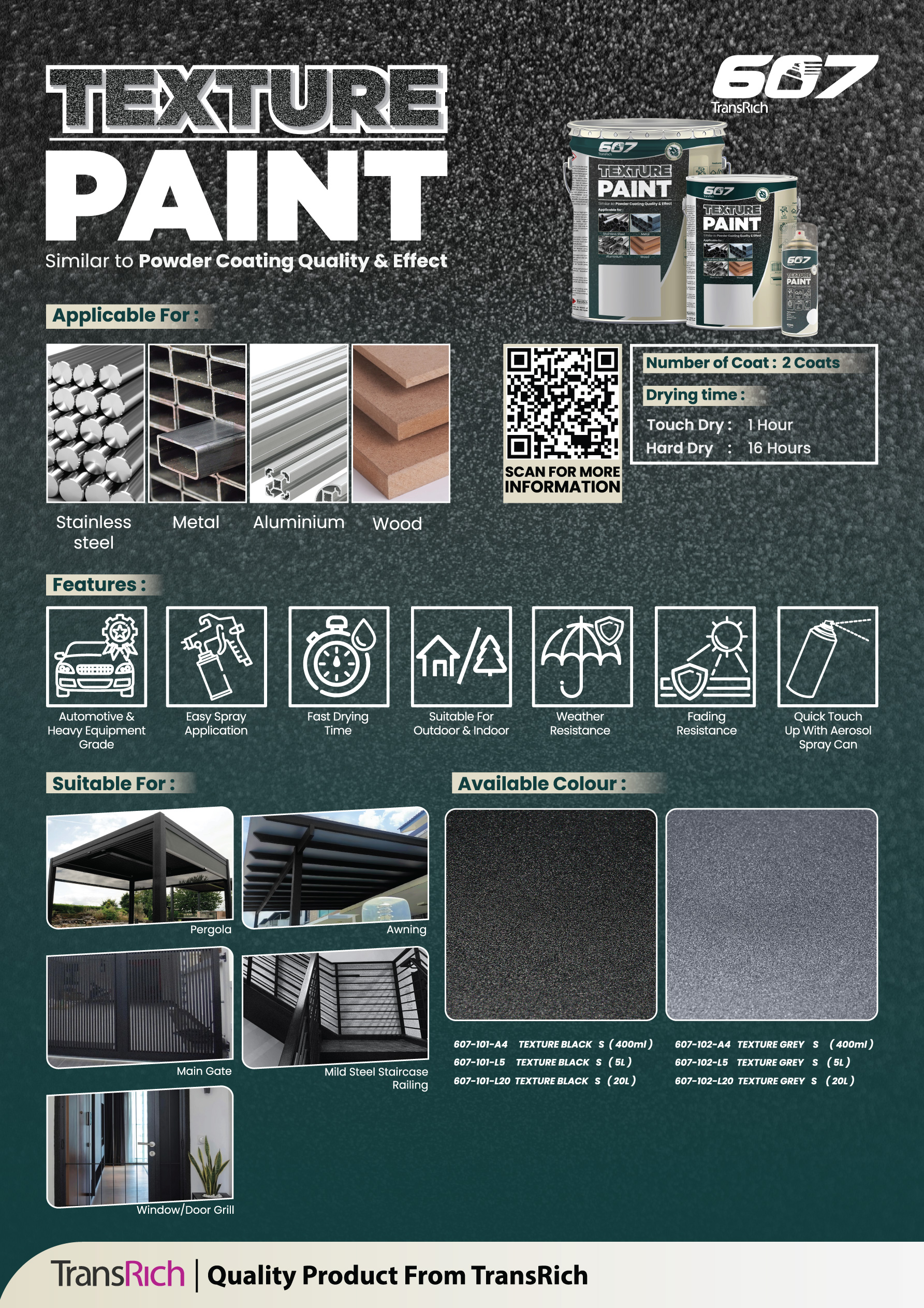 Transrich 607- Texture Black Metal Paint-Cat Besi-Aerosol Spray Paint ...