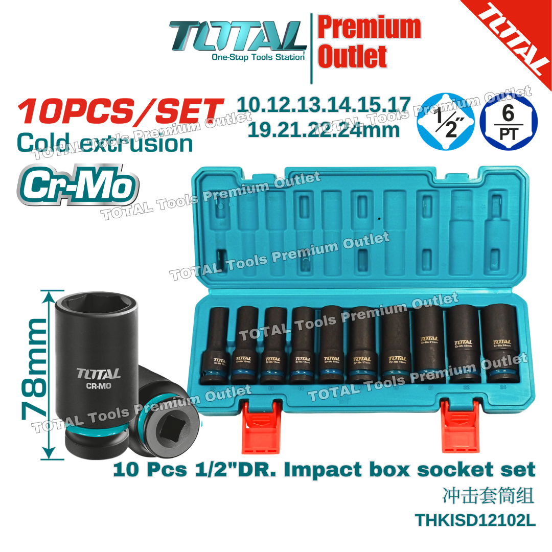 TOTAL Tools 10 pcs 1/2" Cr-Mo Long deep Impact box socket set 10~24mm ...