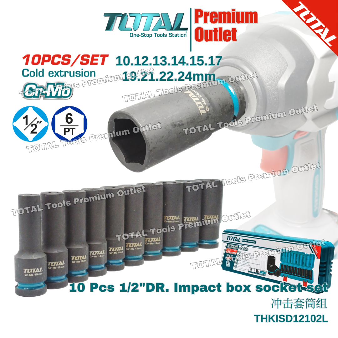 TOTAL Tools 10 pcs 1/2" Cr-Mo Long deep Impact box socket set 10~24mm ...