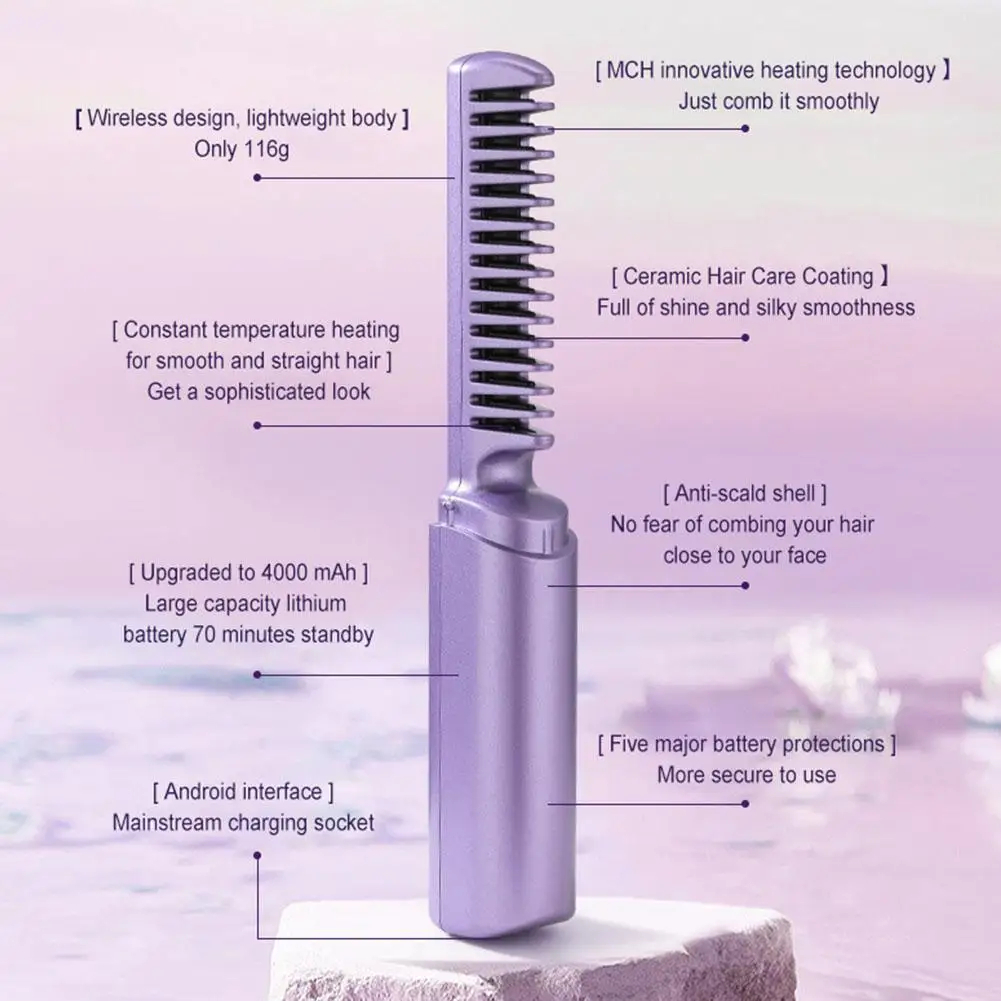 Rechargeable Portable Hair Straightening Comb Negative Ion Hair Care Hair Straightener Student ...