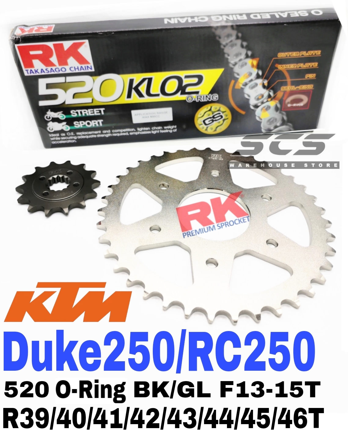 RK Sprocket Set KTM Duke 250 / RC250 520 KLO O-Ring Black / Gold Chain ...