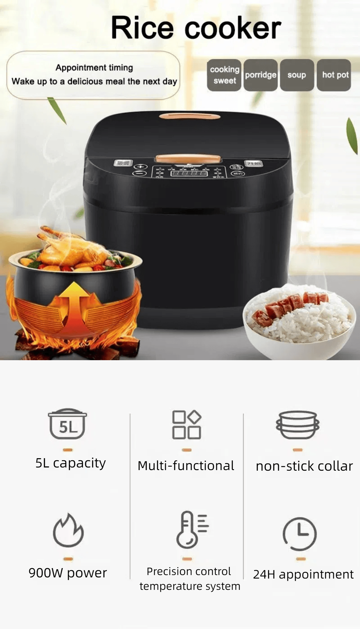 Rice Cooker Black Smart Screen Multifunction periuk nasi elektrik Non-Stick Pot For 3-10 People ...